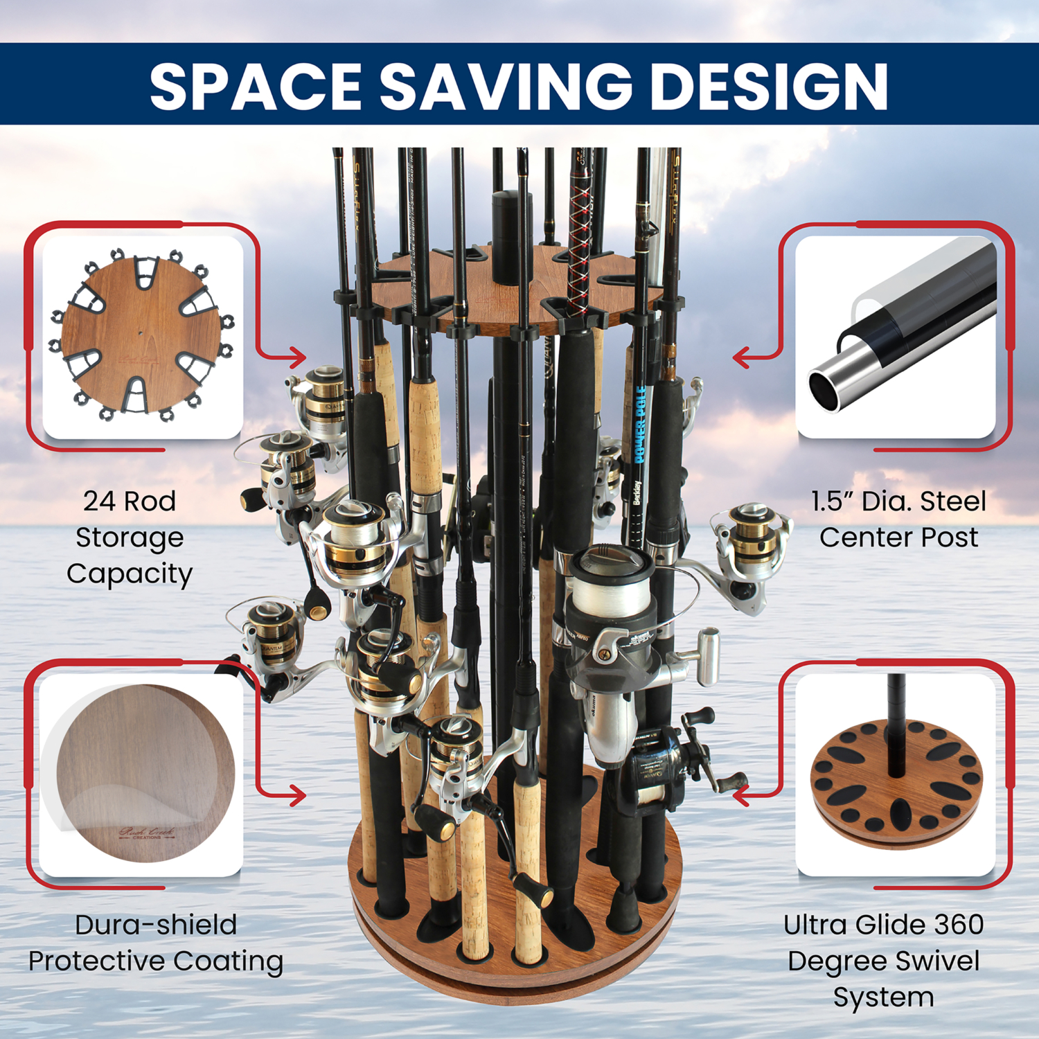 Rush Creek Creations 24-Rod Rotating Round Fishing Rod Storage Rack ...