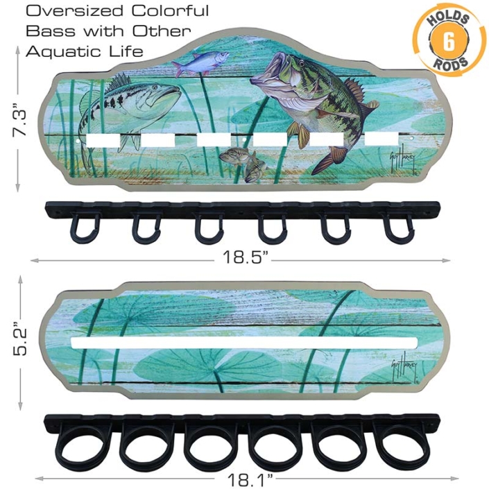 Guy Harvey Bass Fishing Wall Storage Rack 6 Rod Holder – Durable Multi ...